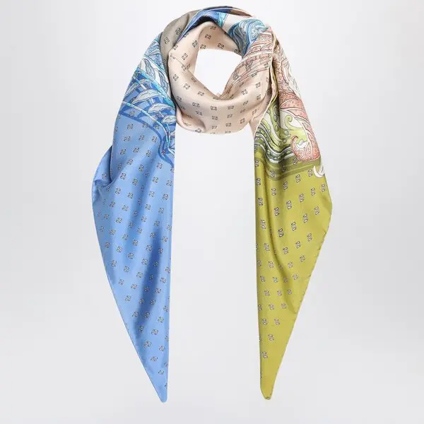 FERRAGAMO Green/ Silk Scarf With Madras Print - Blue