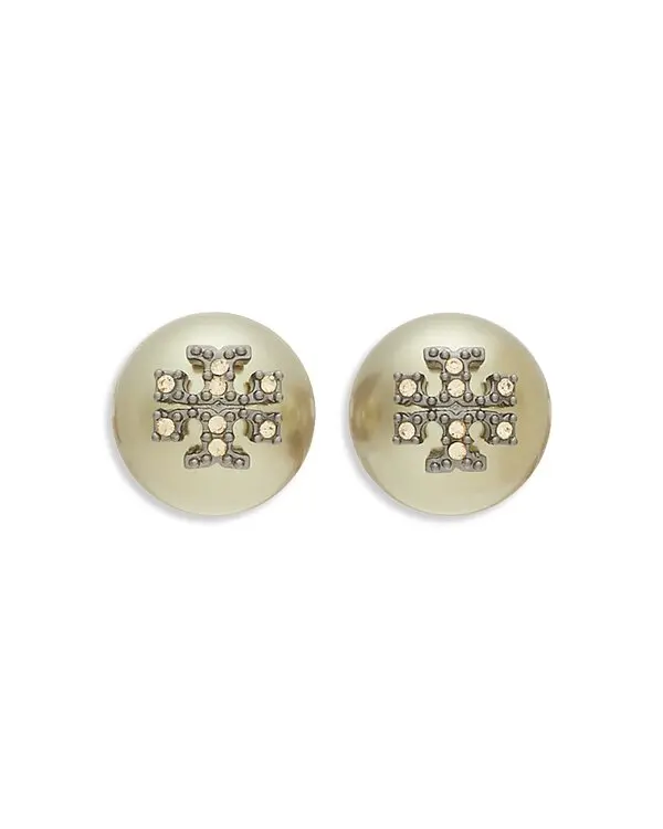 Tory Burch Kira Pave Double T Imitation Pearl Stud Earrings - Green