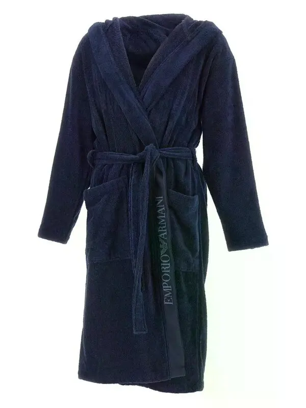 Emporio Armani Hooded Bathrobe With Jacquard Logo - Blue