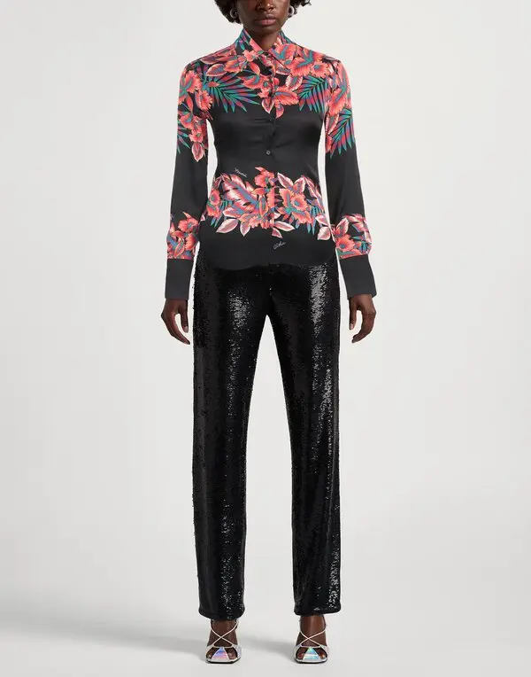 Pinko Satin Shirt With Floral Print And Brand Logo