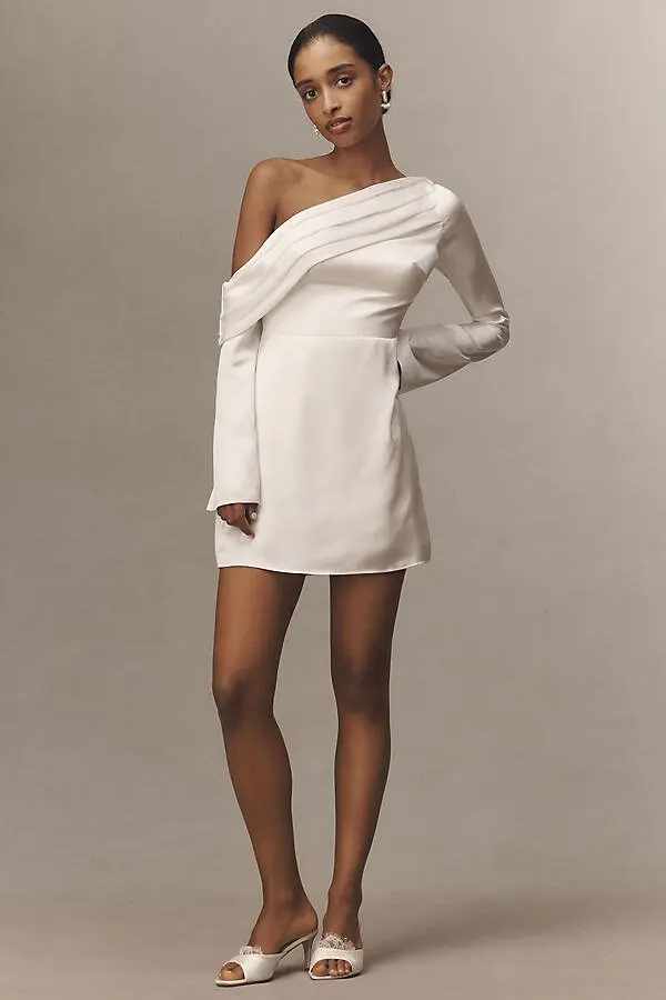 Bhldn Long-Sleeve Asymmetric Off-Shoulder Mini Dress In Champagne - 29% Off 