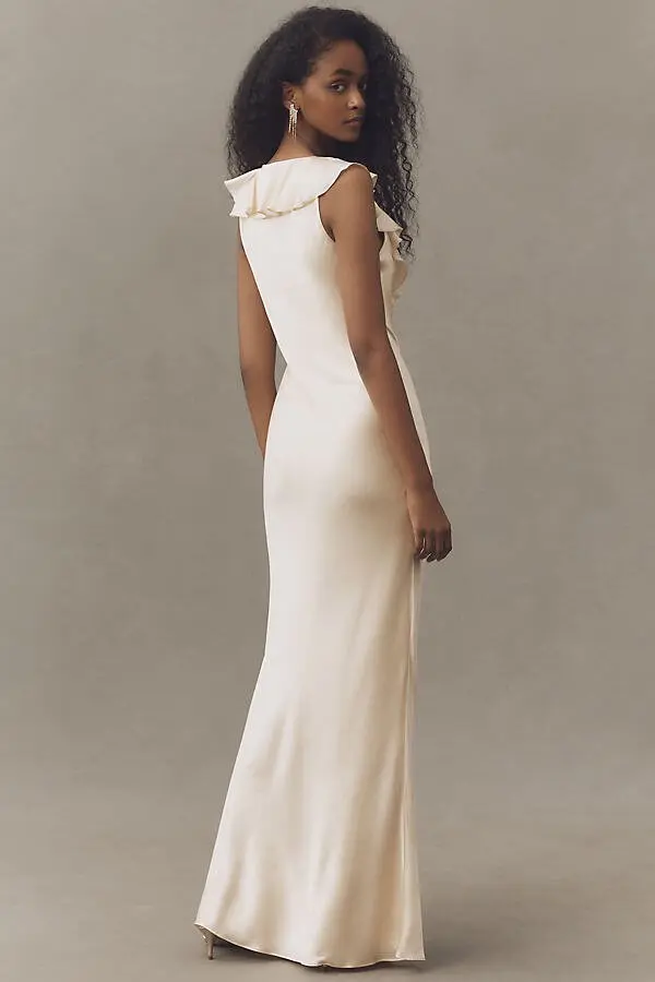 Nema Ruffle Rosette Silk Satin Maxi Dress