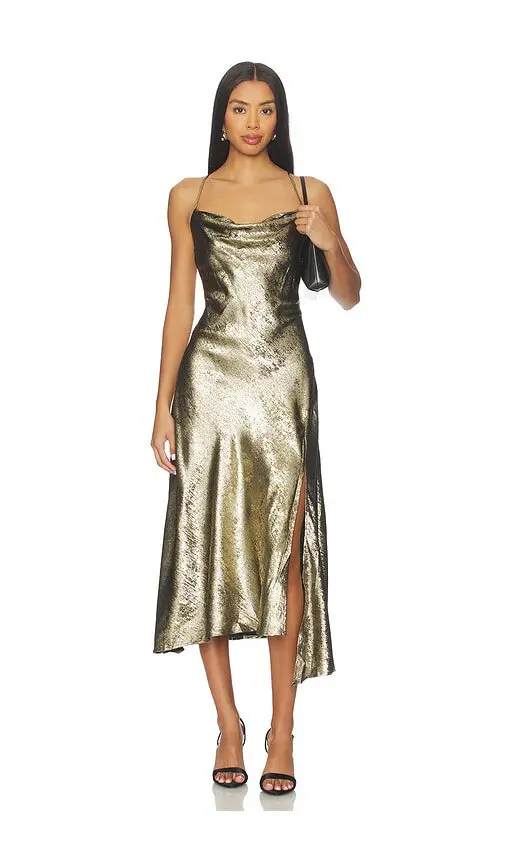 ASTR the Label | Gaia Metallic Midi Dress in Black Gold | Size M