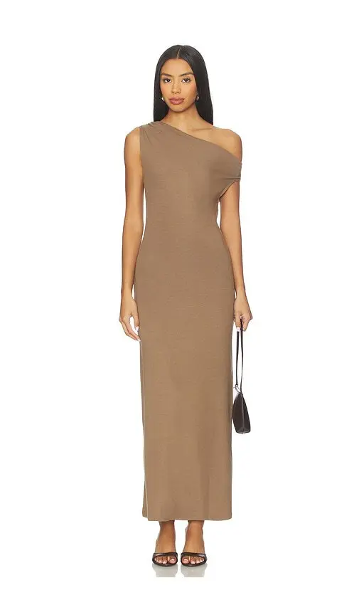 LESET Lauren Ruched Asymmetrical Shoulder Dress - Walnut