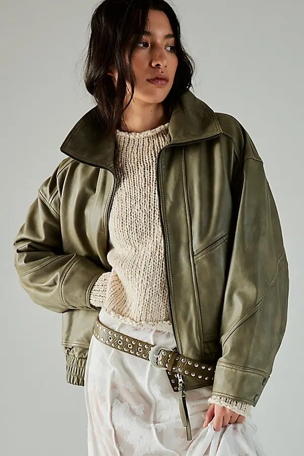 Free People We The Free Desert Moon Leather Bomber Jacket