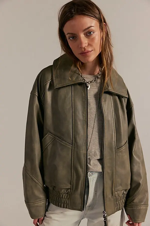 Free People We The Free Desert Moon Leather Bomber Jacket