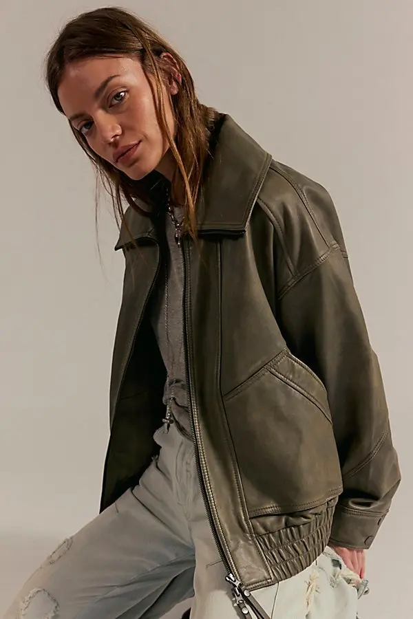 Free People We The Free Desert Moon Leather Bomber Jacket