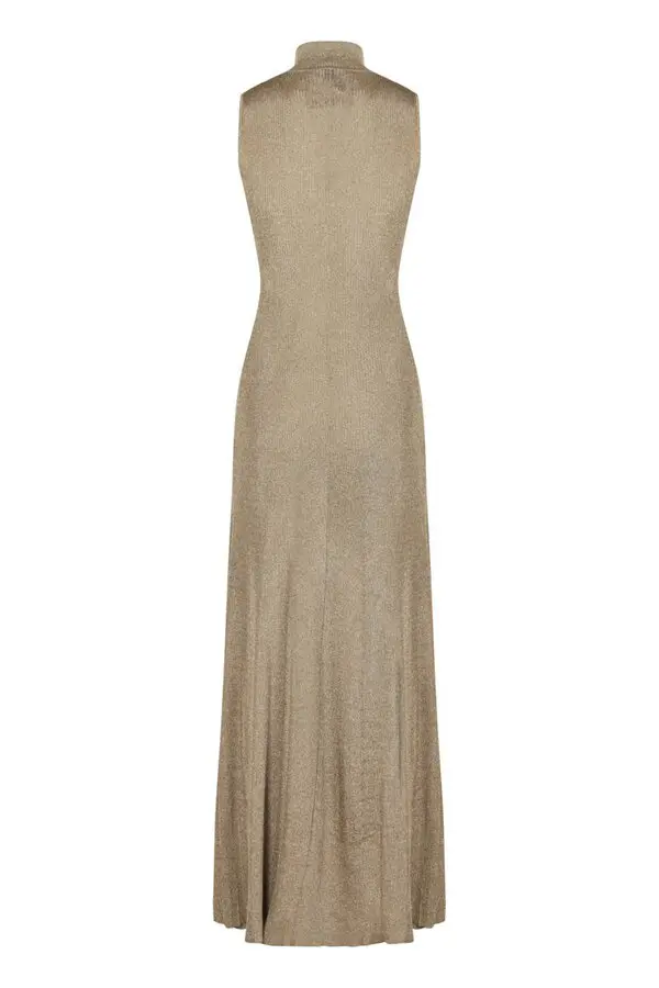 green emerald velvet dress Gold Lurex Ribbed Knit Maxi Dress – self-portrait-US