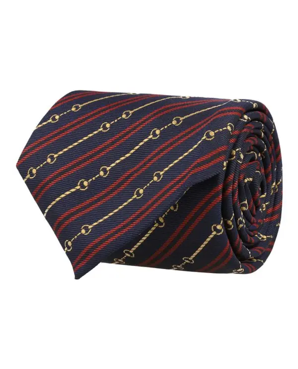 Gucci Horsebit Silk Jacquard Tie - Navy Blue Red
