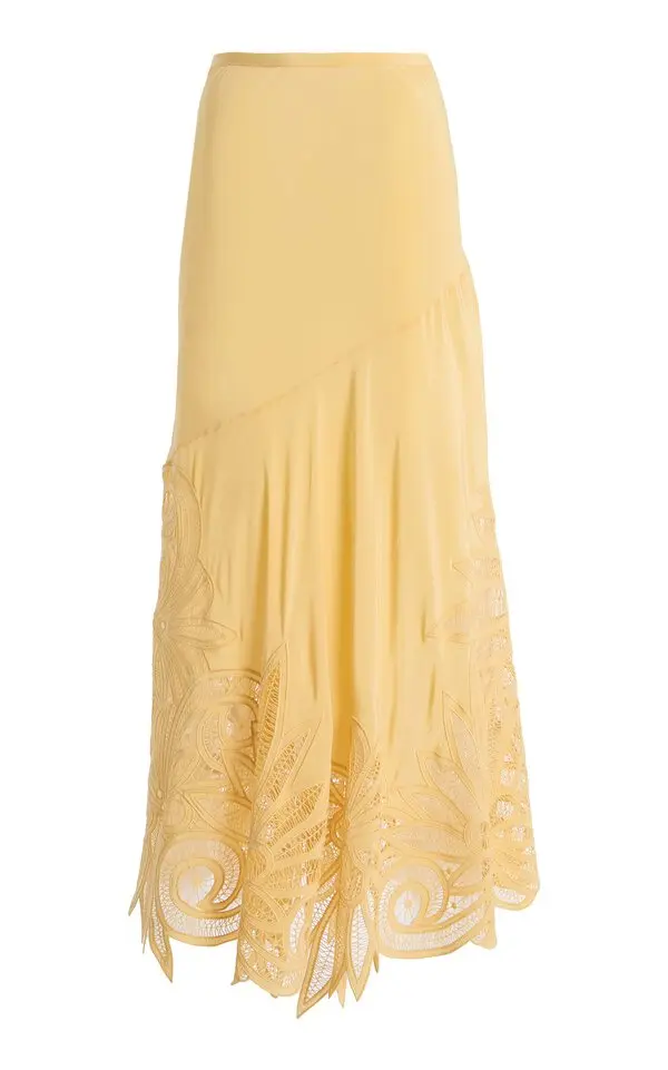 Ulla Johnson Oona Embroidered Silk Crepe De Chine Midi Skirt - Yellow