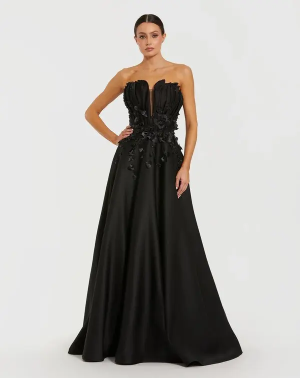 Mac Duggal Strapless Satin Floral Embellished Ball Gown