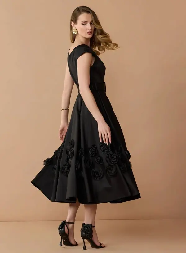 MAC DUGGAL COLLECTION Satin Midi Dress With 3d Rosettes