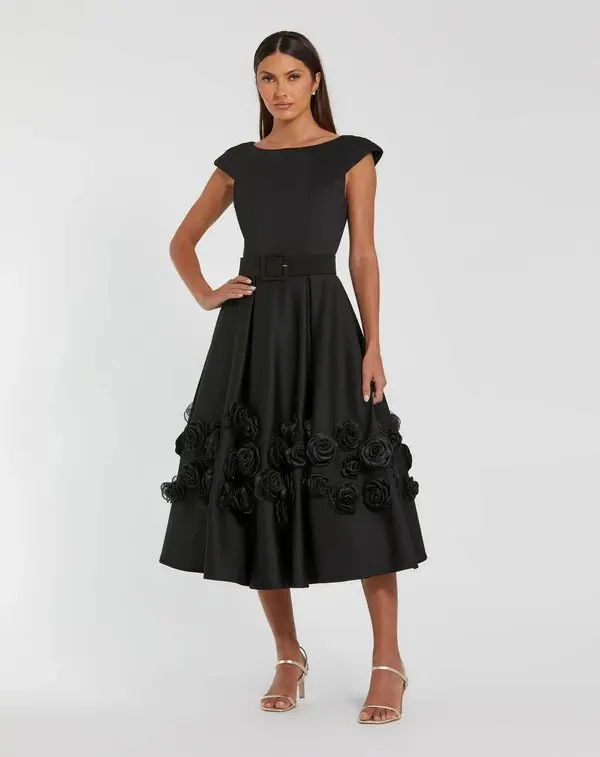 MAC DUGGAL COLLECTION Satin Midi Dress With 3d Rosettes