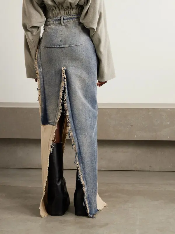 Rick Owens Distressed Cotton-trimmed Denim Maxi Skirt