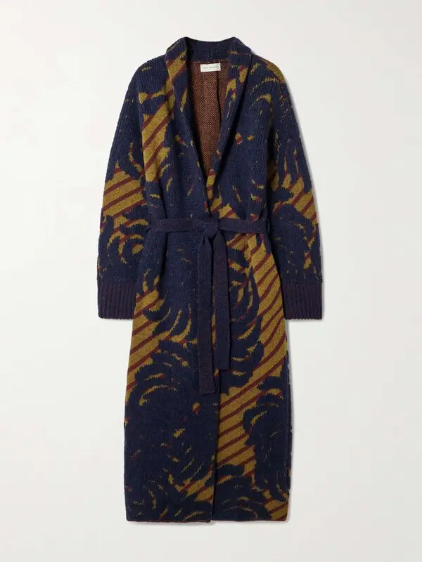 Dries Van Noten Belted Intarsia Wool-blend Cardigan - Navy