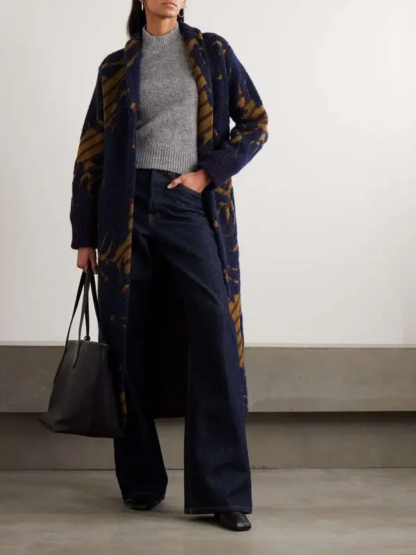 Dries Van Noten Belted Intarsia Wool-blend Cardigan - Navy