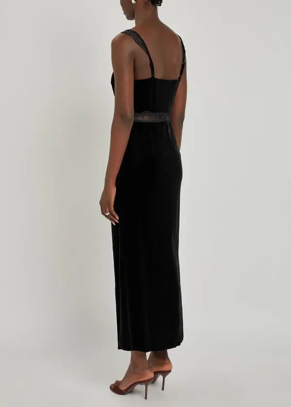 Never Fully Dressed Lace-Embellished Velvet Midi Dress In Black |  Editorialist