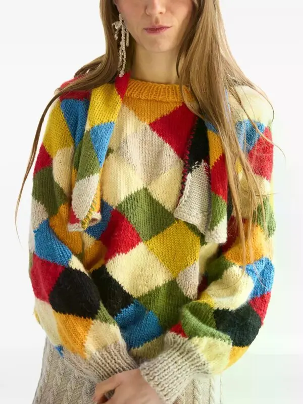 ANNTIAN Diamond-pattern Handknit Sweater With Attached Scarf