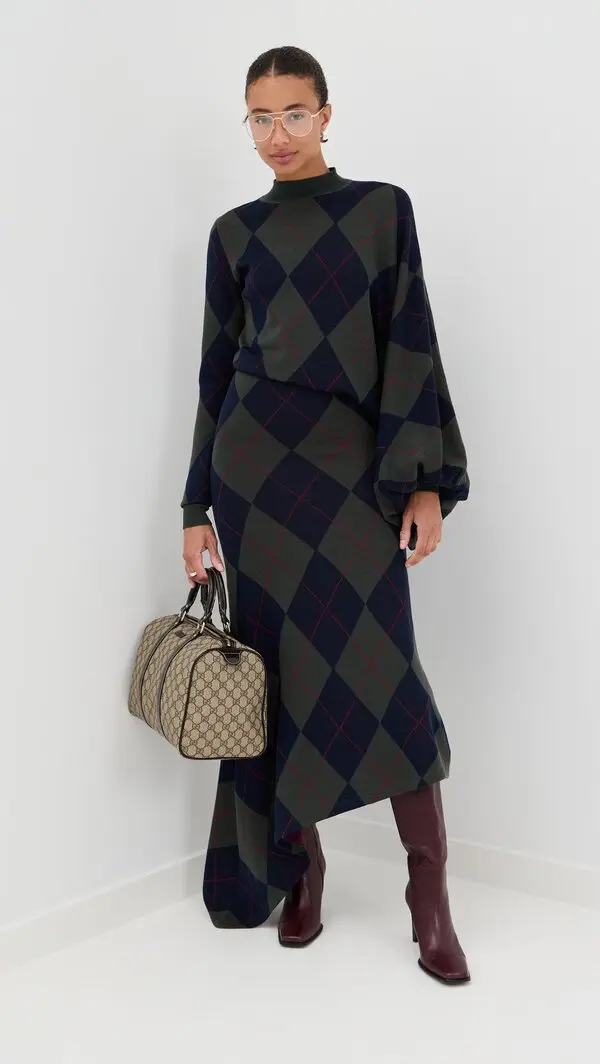 A.W.A.K.E. Mode Argyle Knitted Midi Dress - Navy / Green | Editorialist