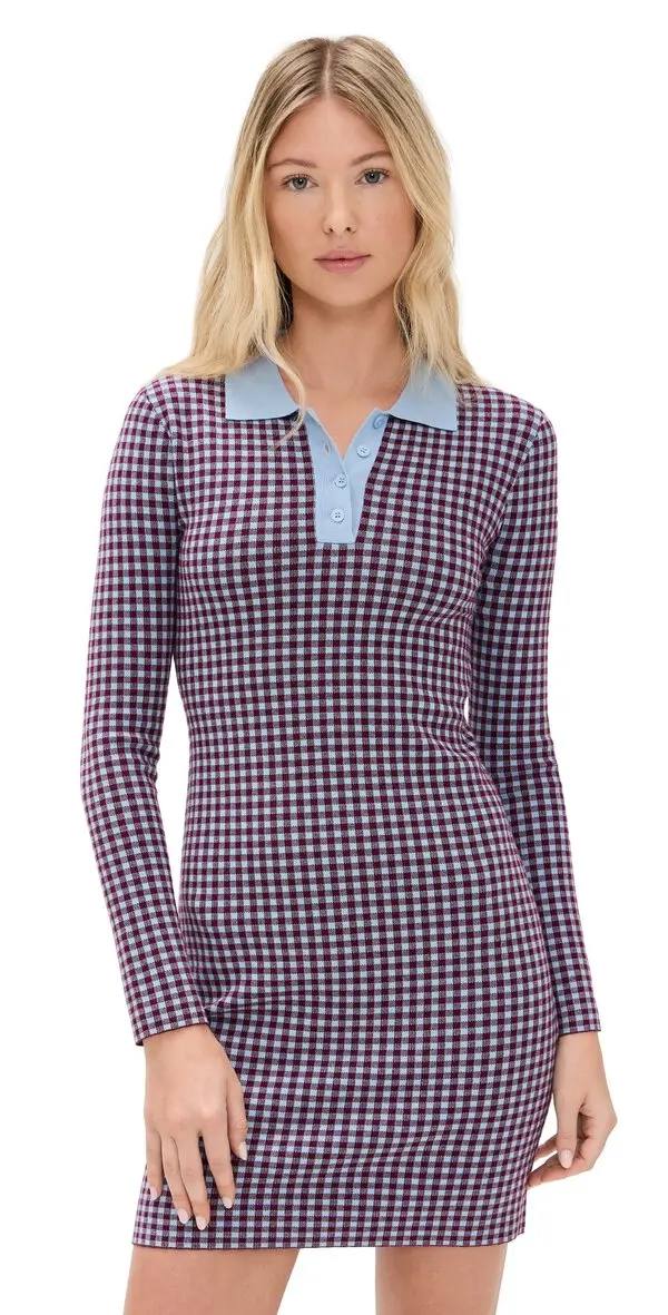 LE BOP Gingham Knit Polo Mini Dress - Burgundy/light Blue