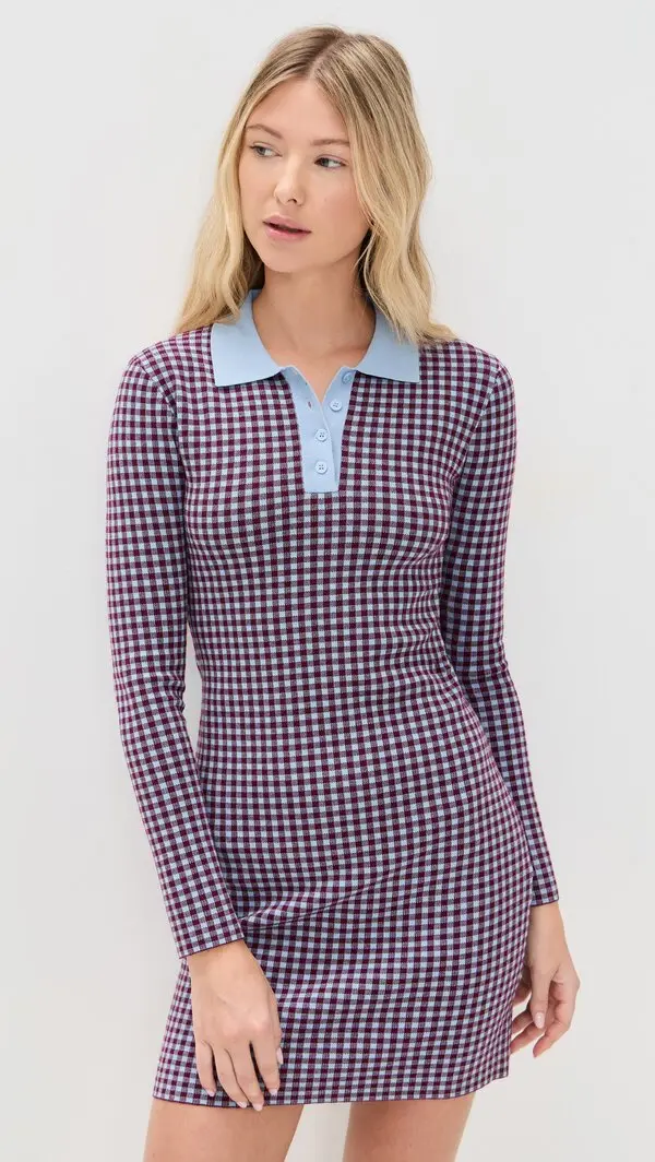 LE BOP Gingham Knit Polo Mini Dress - Burgundy/light Blue