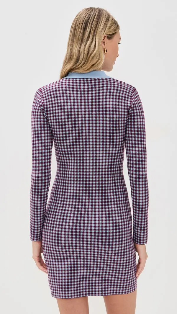 LE BOP Gingham Knit Polo Mini Dress - Burgundy/light Blue