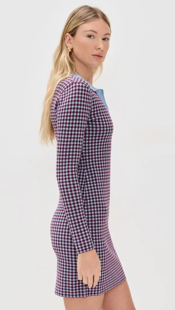 LE BOP Gingham Knit Polo Mini Dress - Burgundy/light Blue