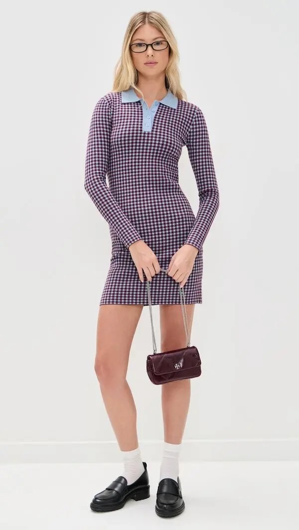 LE BOP Gingham Knit Polo Mini Dress - Burgundy/light Blue