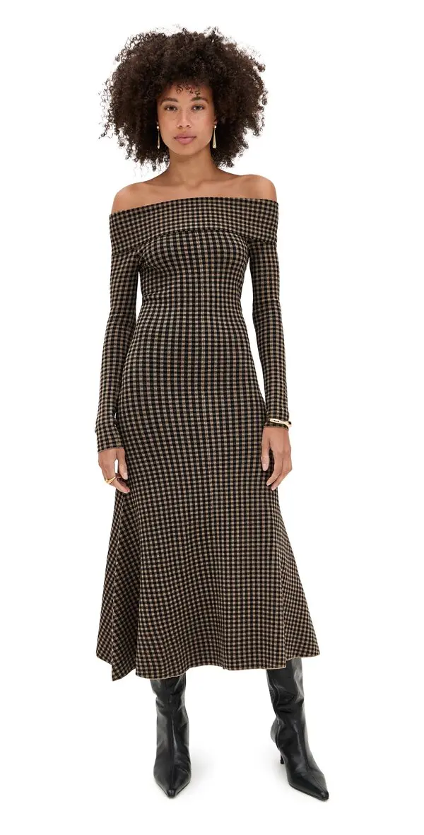 LE BOP Gingham Knit Off-shoulder Midi Dress - Chocolate/black