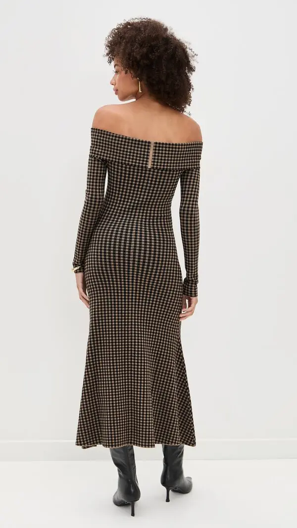 LE BOP Gingham Knit Off-shoulder Midi Dress - Chocolate/black