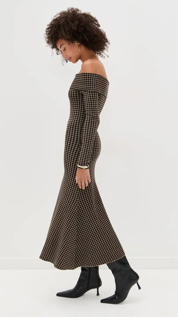 LE BOP Gingham Knit Off-shoulder Midi Dress - Chocolate/black