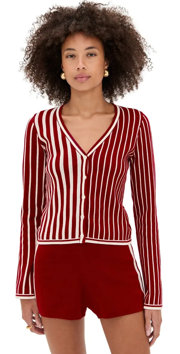 STATE & LAKE Striped Knit Cotton Cardigan - Burgundy