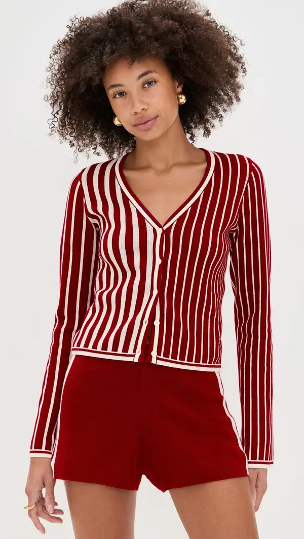 STATE & LAKE Striped Knit Cotton Cardigan - Burgundy