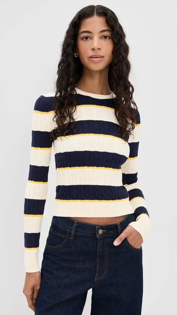 STATE & LAKE Cable Knit Pullover - Ivory/navy/yellow