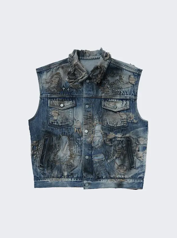THUG CLUB Hard Washed Damaged Vest - Blue