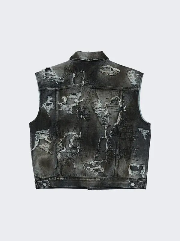 THUG CLUB Hard Washed Distressed Denim Vest - Black
