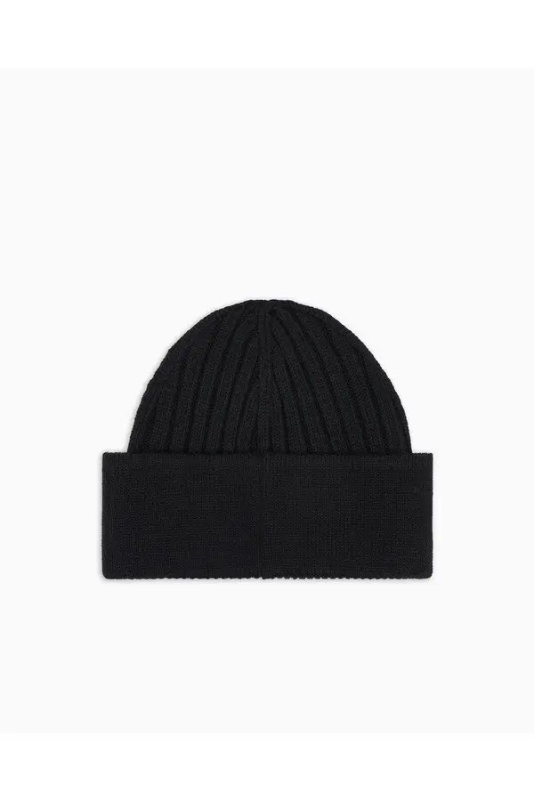 Emporio Armani Ribbed Virgin Wool Beanie With Logo - Black