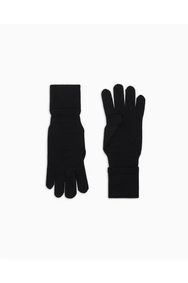 Emporio Armani Virgin Wool Knit Gloves With Embroidered Logo - Black