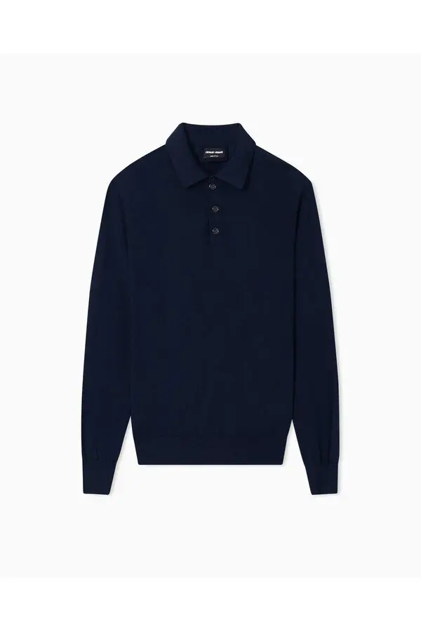 Giorgio Armani Long-sleeved Polo Shirt In Virgin Wool - Green