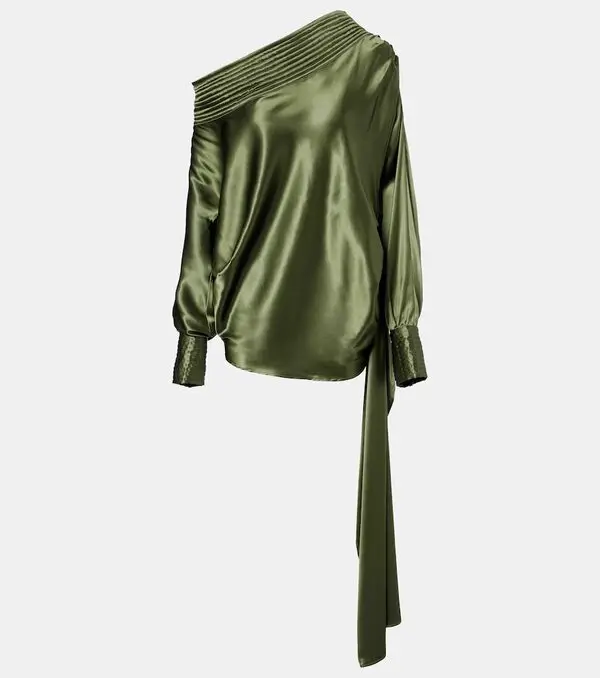 Dries Van Noten Asymmetric Draped Silk-blend Satin Top - Green