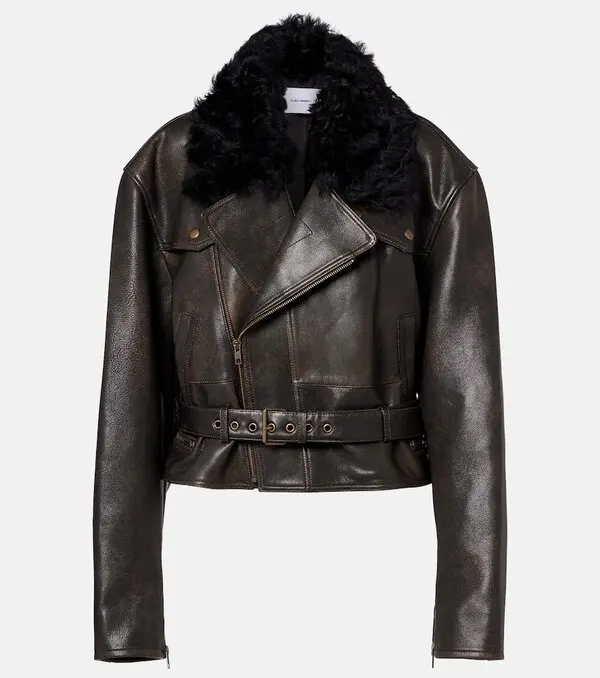 Alex Perry Shearling-trimmed Cropped Leather Biker Jacket - Brown