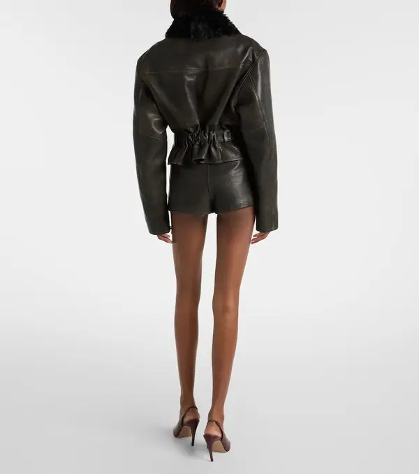 Alex Perry Shearling-trimmed Cropped Leather Biker Jacket - Brown