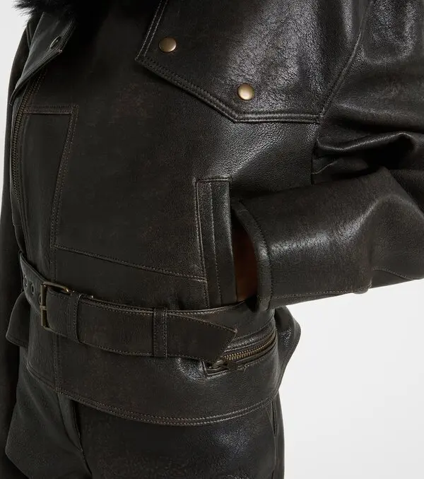 Alex Perry Shearling-trimmed Cropped Leather Biker Jacket - Brown