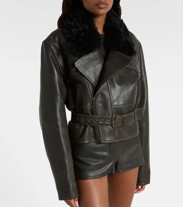 Alex Perry Shearling-trimmed Cropped Leather Biker Jacket - Brown