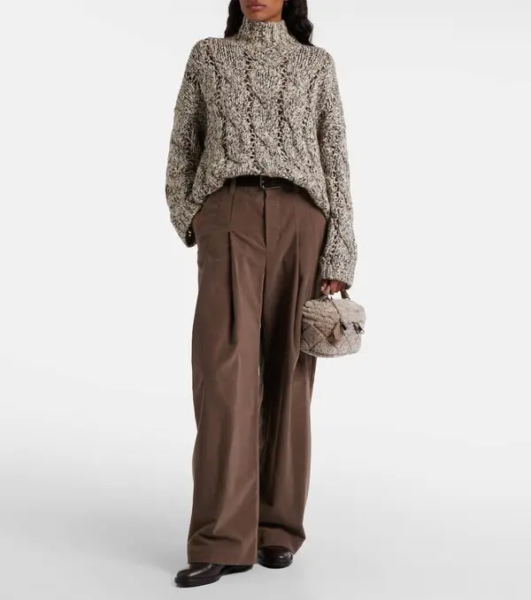 Brunello Cucinelli Pleated High-rise Wide-leg Cotton Pants - Brown