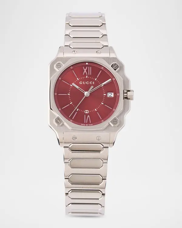 Gucci G-flat Burgundy-dial Stainless Steel Bracelet Watch, 30mm - Red