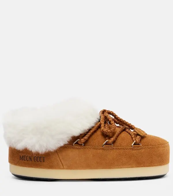 Moon Boot Evx Shearling-trimmed Suede Mules - Brown