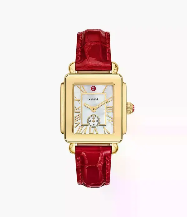 Michele Deco Sport Mid Gold-plated Leather Watch - Red