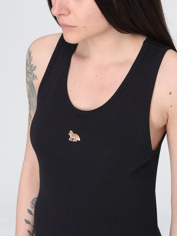 Maison Kitsuné Sleeveless Cotton Top With Embroidered Logo - Black