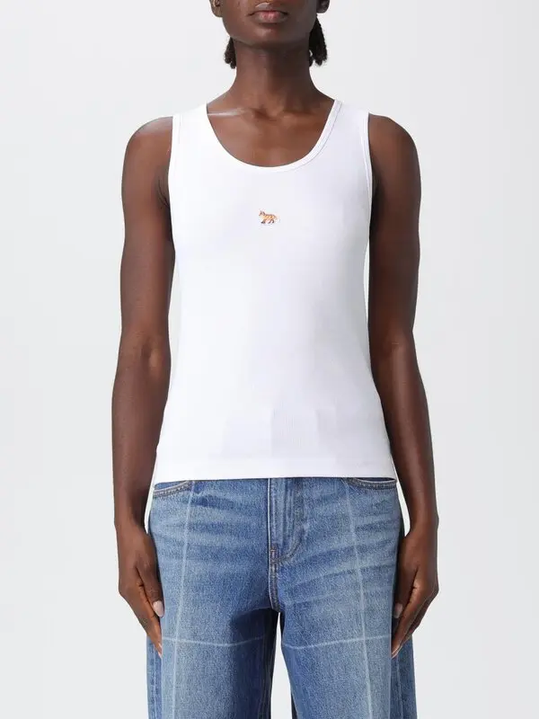 Maison Kitsuné Sleeveless Cotton Top With Embroidered Logo - White